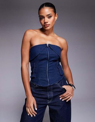 Liquor & Poker Crop top bandeau style utilitaire zippé en jean - Bleu foncé délavé