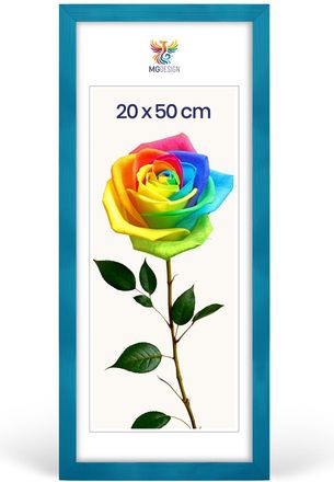 MG Design Bilderrahmen 20 x 50 cm - Posterrahmen mit T&uuml;rkis Holzrahmen (Echtholz) und bruchsicherem Acrylglas, Hoch & Quer mit stabiler Wandaufh&auml;ngung