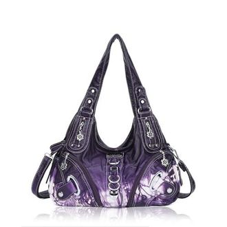 Angel Kiss Women Multiple Pockets Purses and Handbags Washed Leather, Two Top Zippers Closure, Amaranth Red