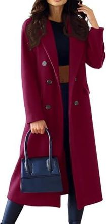 Generic Manteau long en laine pour femme, manteau mi-long, veste crant&eacute;e &agrave; revers &agrave; double boutonnage, v&ecirc;tements dext&eacute;rieur pour lautomne et lhiver 2026, bord