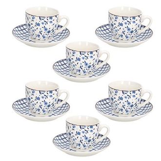 Tognana Lot de 6 Tasses &agrave; th&eacute; avec soucoupe 200 ml Cottage, New Bone China, Bleu