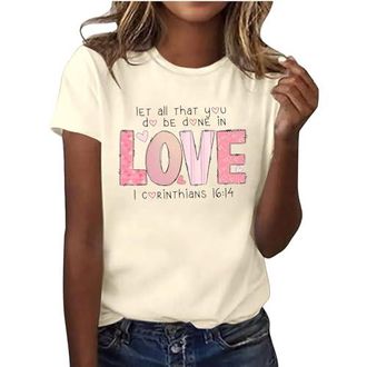 Generic T-shirt d&eacute;contract&eacute; &agrave; manches courtes et col rond imprim&eacute; coeur pour femme 2026 Saint-Valentin, beige, 3XL