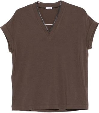 Brunello Cucinelli Femme, Tops, Brun, Taille: 44 FR T-shirt &agrave; col en V et bordure de sequins