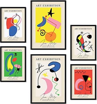 Nacnic Ensemble de 6 affiches Lart de Mir&oacute;. Collection de plaques avec collage esth&eacute;tique pour la d&eacute;coration dint&eacute;rieur. Tailles A3 et A4. Avec cadre noir