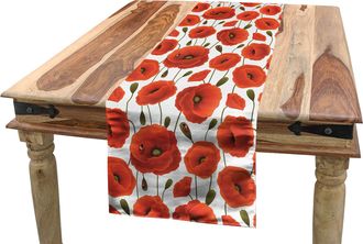 Abakuhaus Mohn Tischläufer, Floral Blossom Spring, Esszimmer Küche Rechteckiger Dekorativer Tischläufer, 40 x 180 cm, Olivengrün Orange Weiß