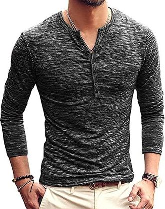 ORANDESIGNE Chemises Henley pour Hommes T-Shirts à Manches Longues Casual Slim Fit Boutons T-Shirts Basiques B Noir L