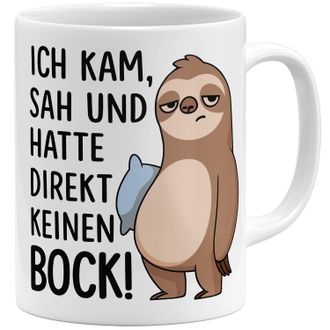 OM3 lustige Faultier Kaffee-Tasse mit Spruch - Ich kam, sah und hatte direkt keinen Bock - Morgenmuffel Sloth - Keramik Becher - 325ml - Beidseitig Bedruc