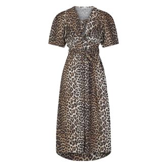 Ganni Femme, Robes, Multicolore, Taille: 30 FR Robe midi &agrave; bretelles &agrave; nouer en coton imprim&eacute; l&eacute;opard