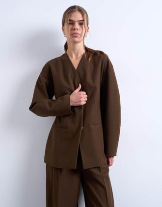 Topshop Blazer densemble sans col coupe ovo&iuml;dale - Chocolat-Multicolore