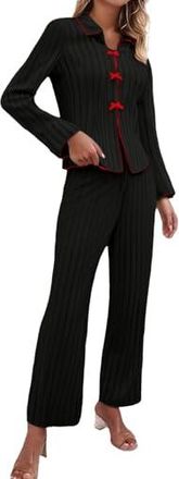 Generic Pyjama &eacute;l&eacute;gant c&ocirc;tel&eacute; pour femme - 2 pi&egrave;ces - Tenue dhiver en tricot - Manches longues - Pull en tricot - Couleur unie - Pull ample - Pantalon de pyja