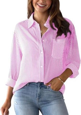 SHEKINI Chemisier élégant à manches longues avec boutons - Décontracté - Bureau - Chemisier de travail rayé - Chemisier à rayures, Rose, XXL