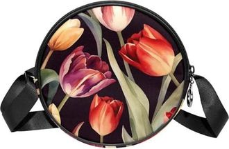 Generic Petit sac &agrave; bandouli&egrave;re circulaire pour femme, motif feuilles florales, sac &agrave; dos avec fermeture &eacute;clair, bretelles r&eacute;glables, sac &agrave; main rond d&eacute;contra