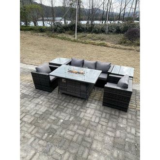 Fimous Outdoor Poly Rattan Gartenm&ouml;bel Gas Feuerstelle Esstisch Set Sessel mit Patio Heizung 2 Stuhl 2 Couchtisch Dunkelgrau Gemischt - Fimous