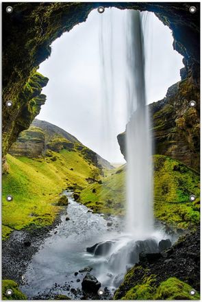 Wallario Outdoor-Poster f&uuml;r Garten oder Balkon Hinter dem Wasserfall, Motivbanner Gr&ouml;&szlig;e: ca. 80 x 120 cm, Outdoor-Bild