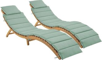 Sweeek Lot de 2 bains de soleil en bois dacacia LAURE avec coussin vert de gris en polyester. 184 x 55 x 63.5 cm