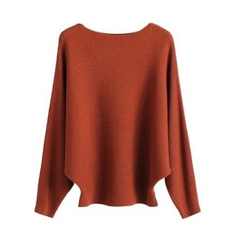 Generic Pull en tricot &agrave; manches chauve-souris et col bateau pour femme - Automne et hiver - Long pull chaud en tricot c&ocirc;tel&eacute;, caramel, Taille unique