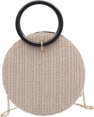 Frcolor Sac Bandouli&egrave;re Femme Petit Paille Tress&eacute;e Poign&eacute;e Ronde &Eacute;l&eacute;gante Sac &agrave; Main Simple et Charmant Blanc pour Usage Quotidien et Sorties Casual