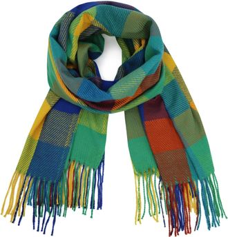 Glamexx24 Schal Damen Winter Kariert Schal, Strickset Schal &uuml;bergro&szlig;er Quadratisch Deckenschal Halstuch Streifen Muster Fransen Ponch, Gelb-Blau-Gruen