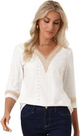 Allegra K Haut Boho pour Femmes Ample &agrave; Col en V de Couleur Contrast&eacute;e Bordure en Dentelle Blanc M