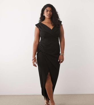 Tfnc Plus Midaxi-Kleid in Schwarz im Wickeldesign mit Carmen-Ausschnitt