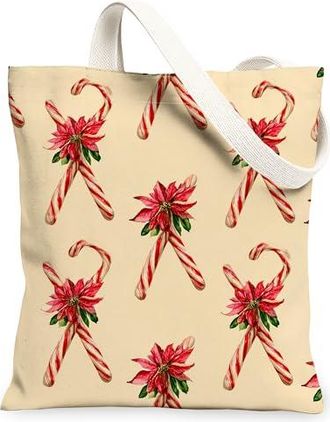 Generic Sacs fourre-tout en toile florale, motif canne &agrave; sucre dorge et poinsettia, sacs de courses r&eacute;utilisables, sacs de courses chic, l&eacute;gers et lavables po