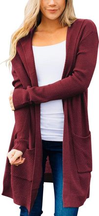Merokeety Damen langarm vorne offen hoodie strickpullover strickjacke mit taschen X-Large Burgundy
