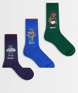 Polo Ralph Lauren 3er-Pack Socken mit mehrfarbigen Streifen und Bear-Stickerei im Geschenk-Set-Brown