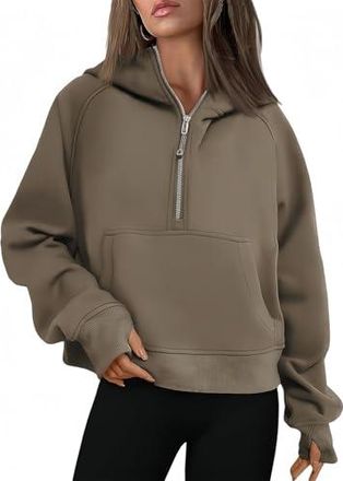 Generic Sweat-shirt surdimensionn&eacute; &agrave; manches longues et demi-fermeture &eacute;clair pour femme, avec trou pour le pouce et poches, caf&eacute;, XXL
