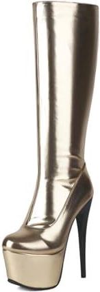 Generic Bottes Mi-Jambes Métalliques Brillantes Femme Talons Aiguilles Plateforme Stylées Fêtes Soirées Clubs,dor,43 EU