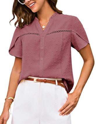 Grace Karin Damen Elegante Tunika Kurzarm V-Ausschnitt Sommer Bluse Festliche Oberteile Staubige Rose XL