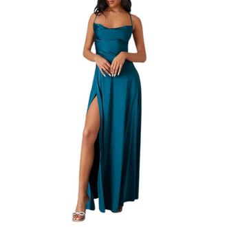 Generic Spaghettiträger-Satinkleid für Damen, hoch gespalten, Party-Abendkleider, Sommer, elegant, figurbetont, langes Kleid, Robe-Blau-L