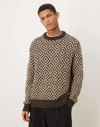 Selected Homme - Strickpullover aus Wollmix in Braun mit geometrischem Muster-Brown