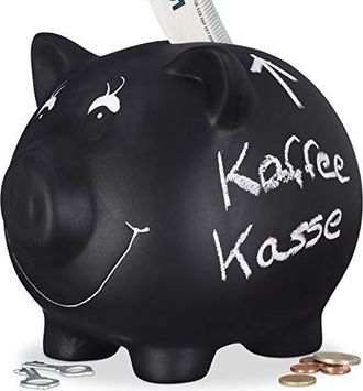 Relaxdays Sparschwein, zum Beschriften, Keramik, Kreide, Hochzeit, Geburtstag, Taufe, Spardose, 14 x 17 x 13 cm, schwarz