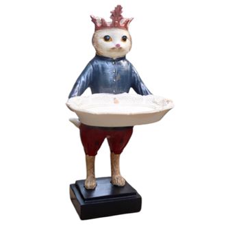 Generic Dekorative Katzenbutler-Figur mit Krone, blauer Jacke und Serviertablett, skurrile Heimdekoration