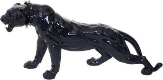Hhg Figure de décoration léopard, 59cm, sculpture, polyrésine, noir poli fin avec collier
