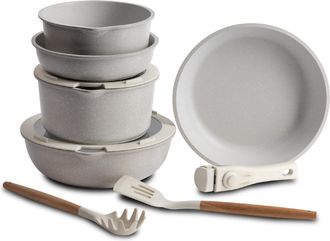 Bergner Kochgeschirr mit abnehmbarem Griff, 2 Pfannen, 2 Töpfe, 1 flache Pfanne, 2 Deckel und 2 Utensilien - aus Aluminiumguss - Antihaftbeschichtung aus beig