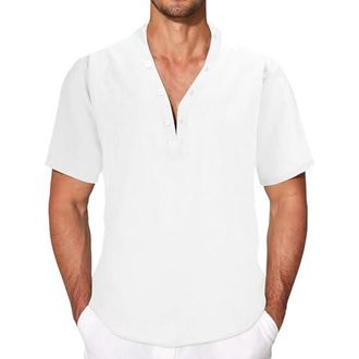 Generic Chemise en coton et lin pour hommes, hauts de sport 2026 pour hommes, couleur unie, grande version, col montant ample, manches courtes, t-shirt en cot