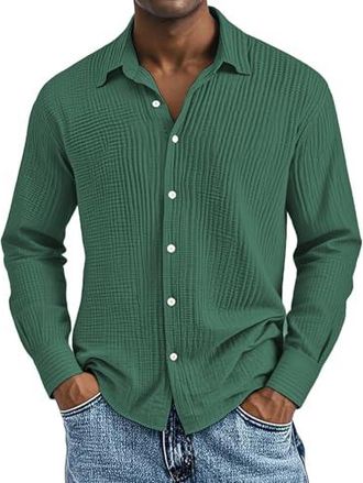 Generic Chemise &agrave; manches longues en coton pour homme - Coupe ample - Couleur unie - Extensible - Boutonni&egrave;re - Mousseline - Revers - Chemise de travail - Che