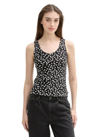 Tom Tailor Damen Basic Tanktop mit Raffung, black flower minimal print, XXL