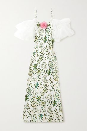 Rodarte Schulterfreies Midikleid Aus Seiden-twill Mit Blumenprint Und T&uuml;llbes&auml;tzen - Gr&uuml;n