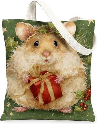 Generic Sacs fourre-tout en toile avec motif animal de No&euml;l, motif hamster, sacs d&eacute;picerie r&eacute;utilisables, vintage, l&eacute;gers et lavables en toile pour Outdo, Ver