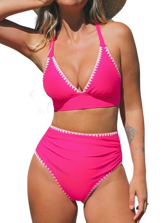 Cupshe Damen Badeanzug Einteilige Bademode V Ausschnitt Bauchweg Tiefer Kreuzverbund R&uuml;cken N&auml;hte Raffung Hohe Taille Schwimmanzug Magenta/Pink XL