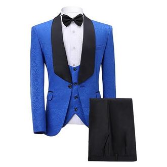 Generic Costume 3 pi&egrave;ces pour homme en jacquard coupe ajust&eacute;e avec ch&acirc;le &agrave; revers et pantalon habill&eacute; pour f&ecirc;te de mariage, bleu, S