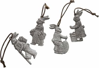 Loberon Anhänger 4er Set Pierre, handbemalt, Häschen-Design, liebevolle Detailgestaltung, Ostern, Osterfest, Osterdekoration, Polyresin, Polyester, antikgrau