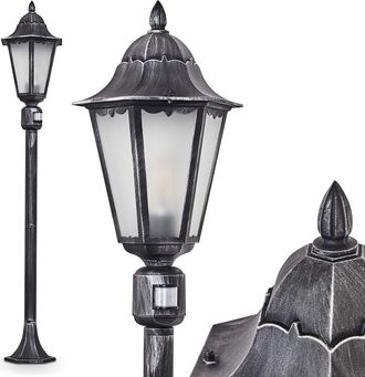 HOFSTEIN Außenleuchte Lignac Frost m. Bewegungsmelder, Wegeleuchte in antikem Look, Aluguß in Schwarz/Silber mit Klarglas-Scheiben, Stehleuchte 118 cm, Retro/V