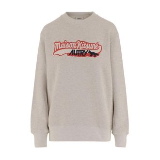 Maison Kitsun&eacute; Ivory Pullover mit Grauem Applikationslogo - - Sweatshirts & Hoodies - Herren - Beige - XL