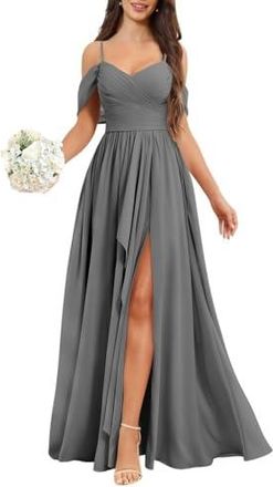 Generic Robe de demoiselle dhonneur à épaules dénudées avec fente plissée en mousseline de soie - Robe formelle pour invitée de mariage, gris, 54 Grande taill