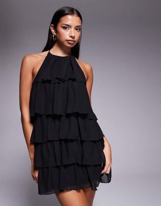 Fashionkilla Robe courte dos nu en mousseline &agrave; volants - Noir