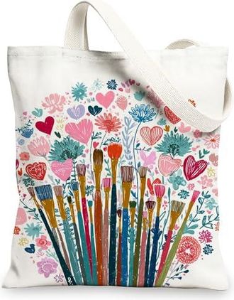 Generic Sacs fourre-tout en toile artistique, sac à provisions réutilisable, motif floral coloré, chic, moderne, léger, lavable, blanc, 13x15 Inch