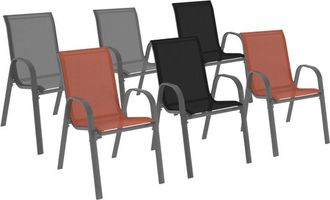 IDMarket Lot de 6 chaises de jardin LYMA m&eacute;tal et textil&egrave;ne empilables gris noir et terracotta